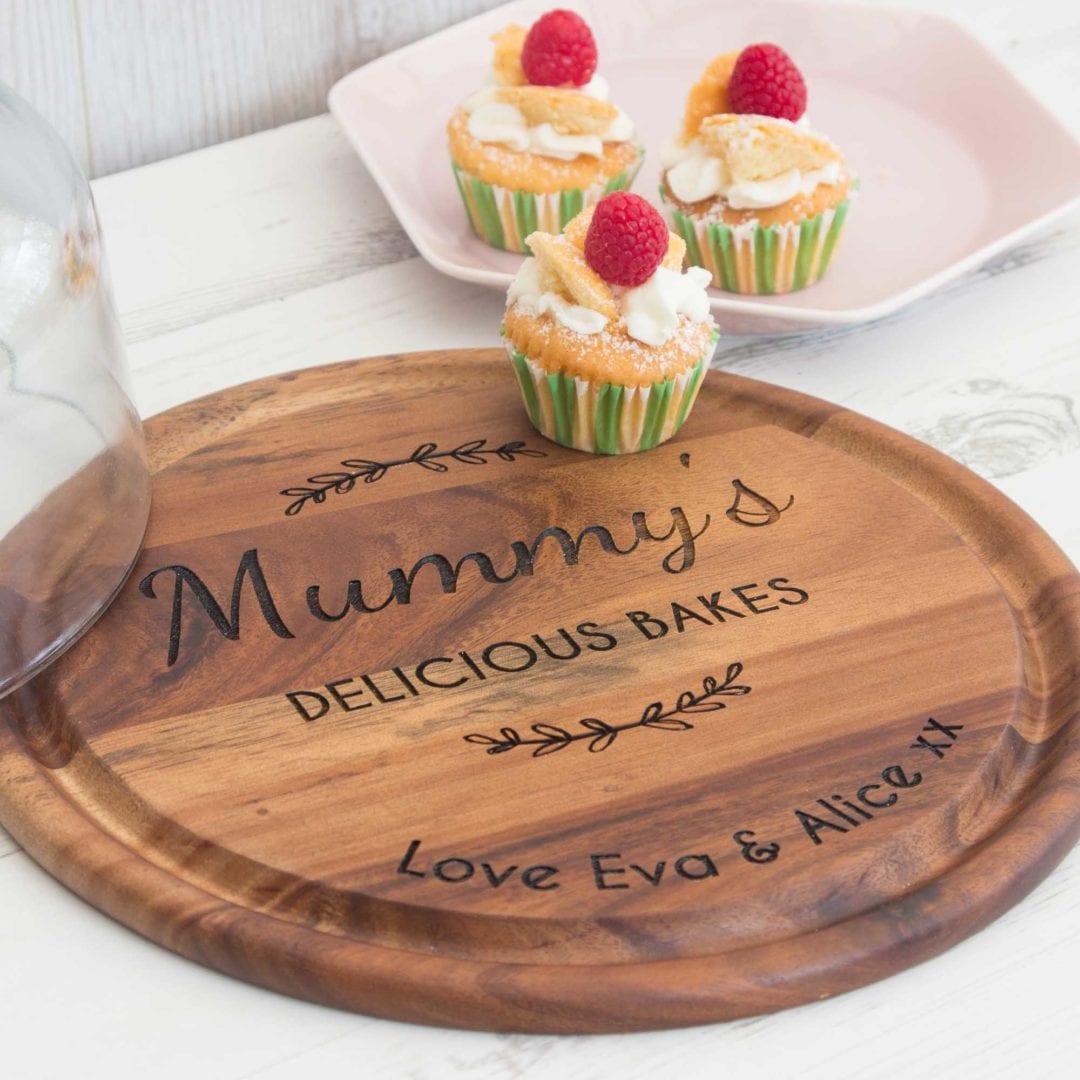 Personalised Wood & Glass Dome Cup Cake Platter Large | The Laser Boutique