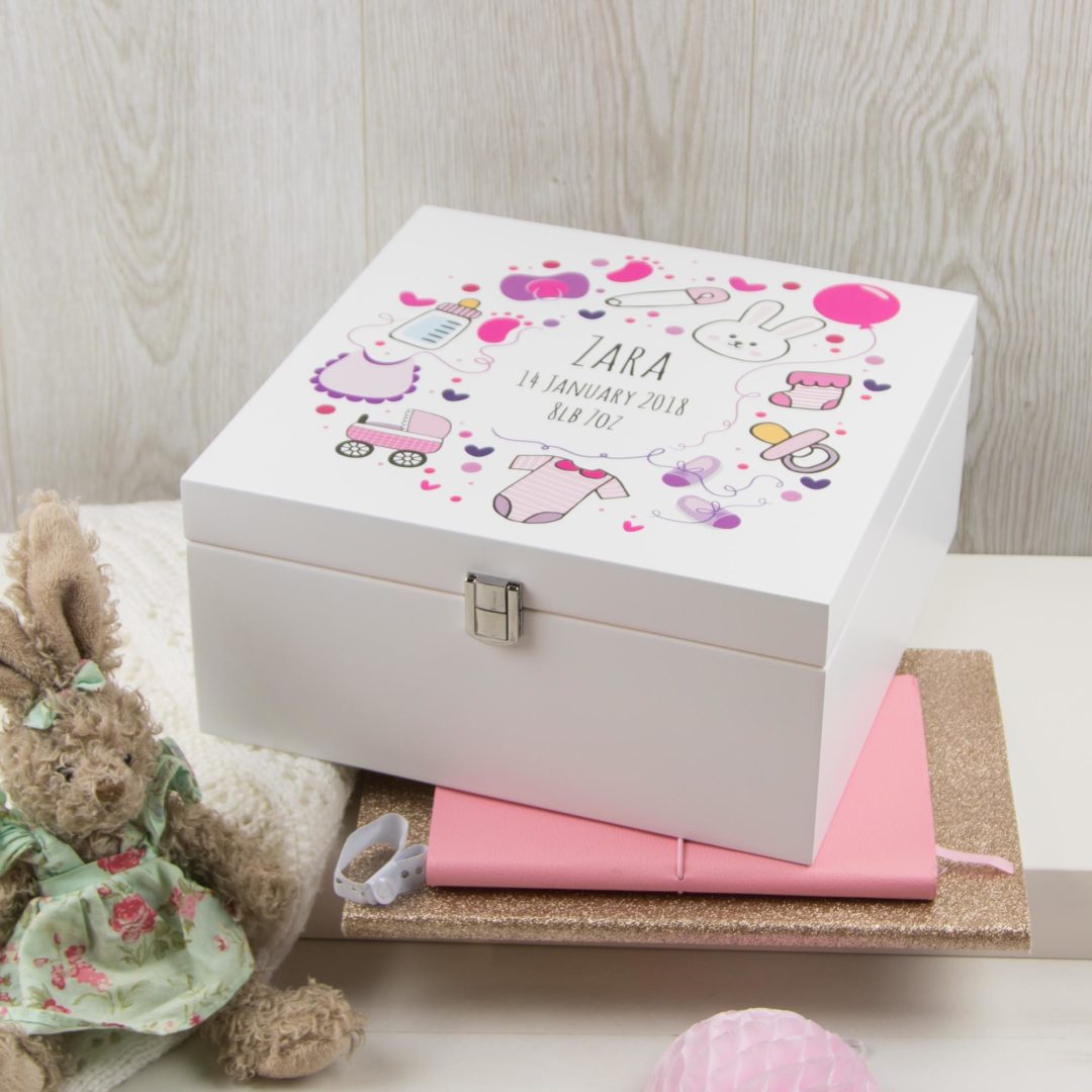 Personalised Baby Box White Icons Pink | The Laser Boutique