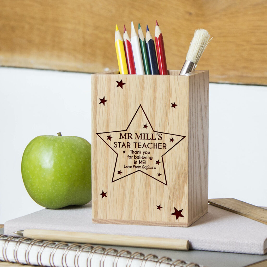 Personalised Teacher Oak Pencil Pot - Stars | The Laser Boutique