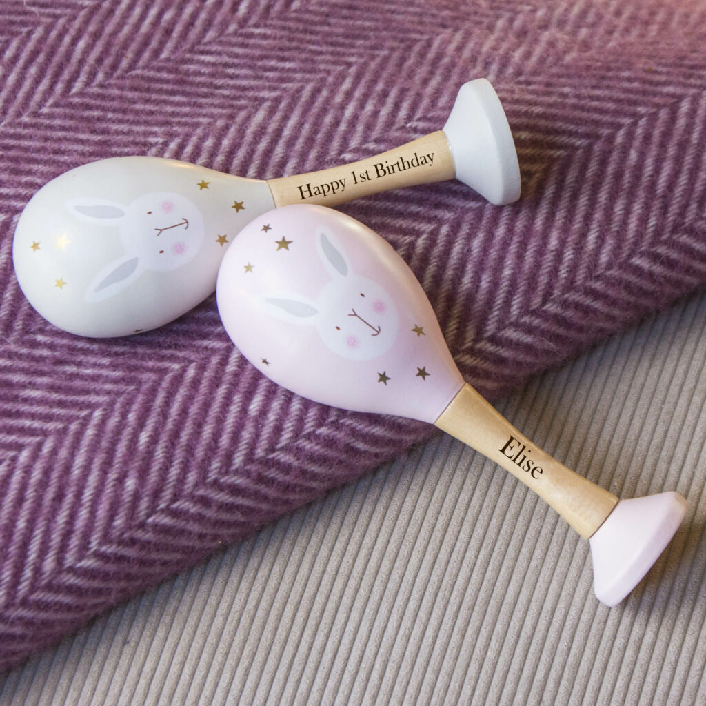 Personalised Wooden Maracas - Pink Rabbit Design | The Laser Boutique
