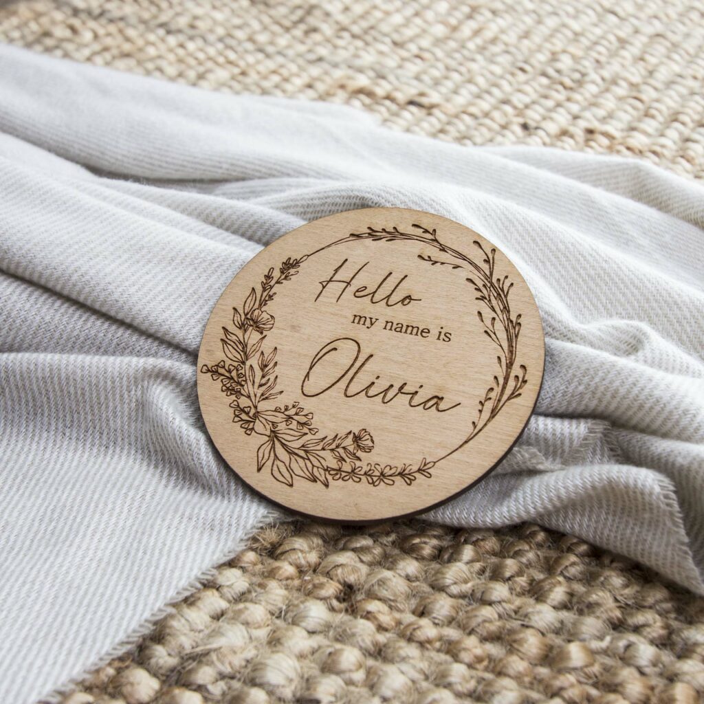 Personalised Floral Baby Name Announcement Disc | The Laser Boutique